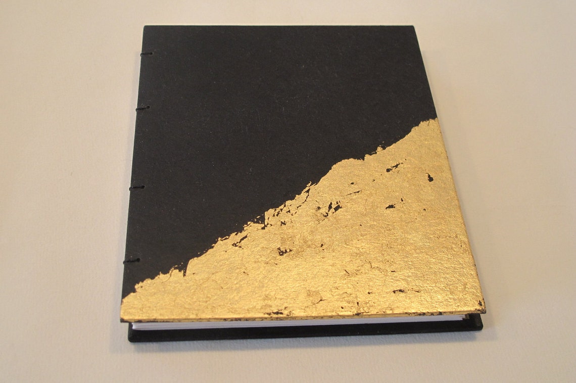 Gold Leaf Small Journal Notebook: Black and Gold Metallic Coptic ...