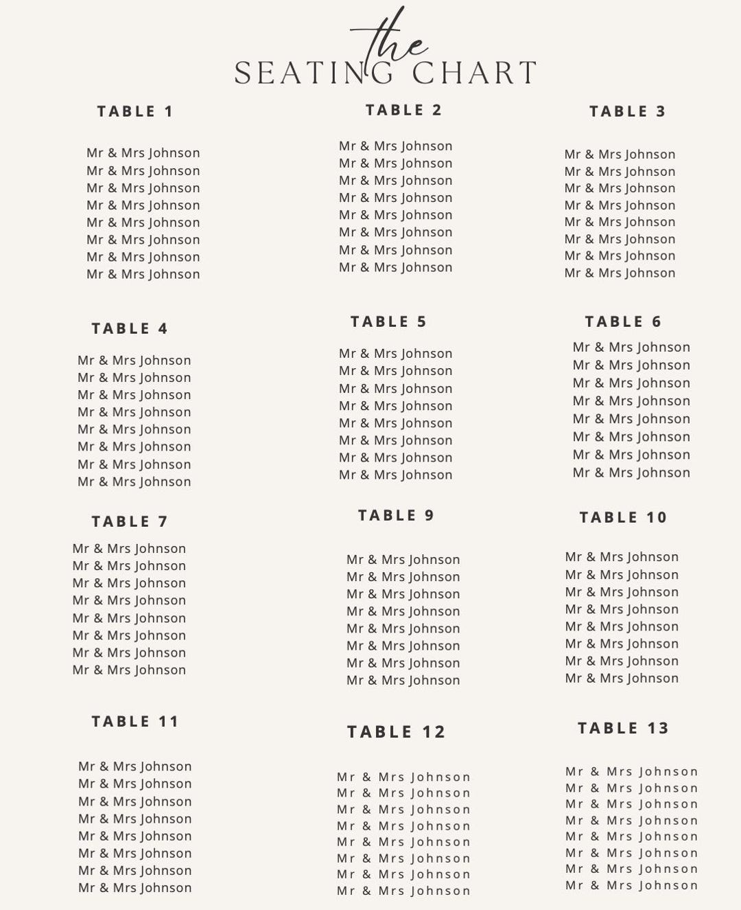 Customizable Wedding Seating Chart Template | Beige Minimalist Canva ...