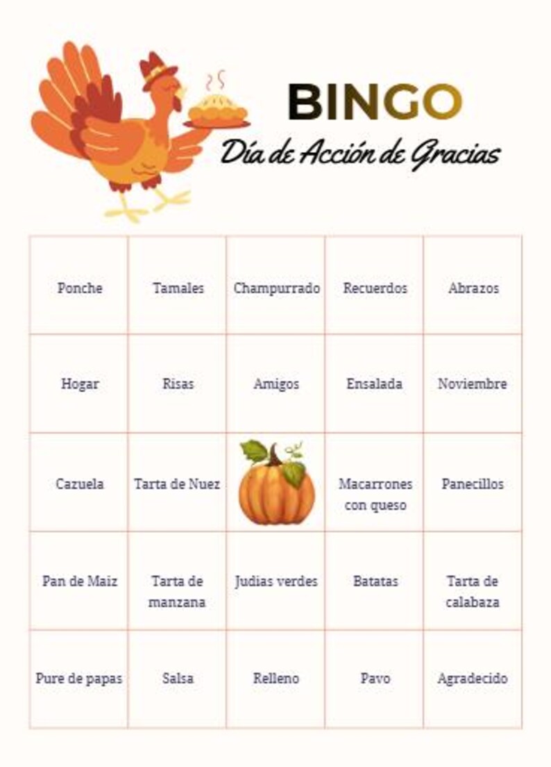 Juego De Bingo De Acción De Gracias Bingo En Español, Juego De Mesa ...