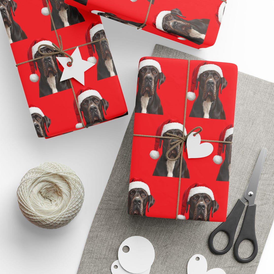 Great Dane With Santa Hat Wrapping Paper | Red Dog Print Holiday Wrap ...