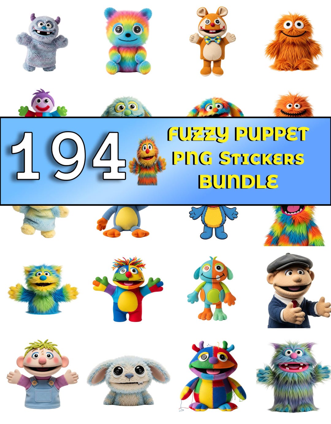194 Fuzzy Puppet PNG Stickers Bundle | Cute Puppet Characters ...