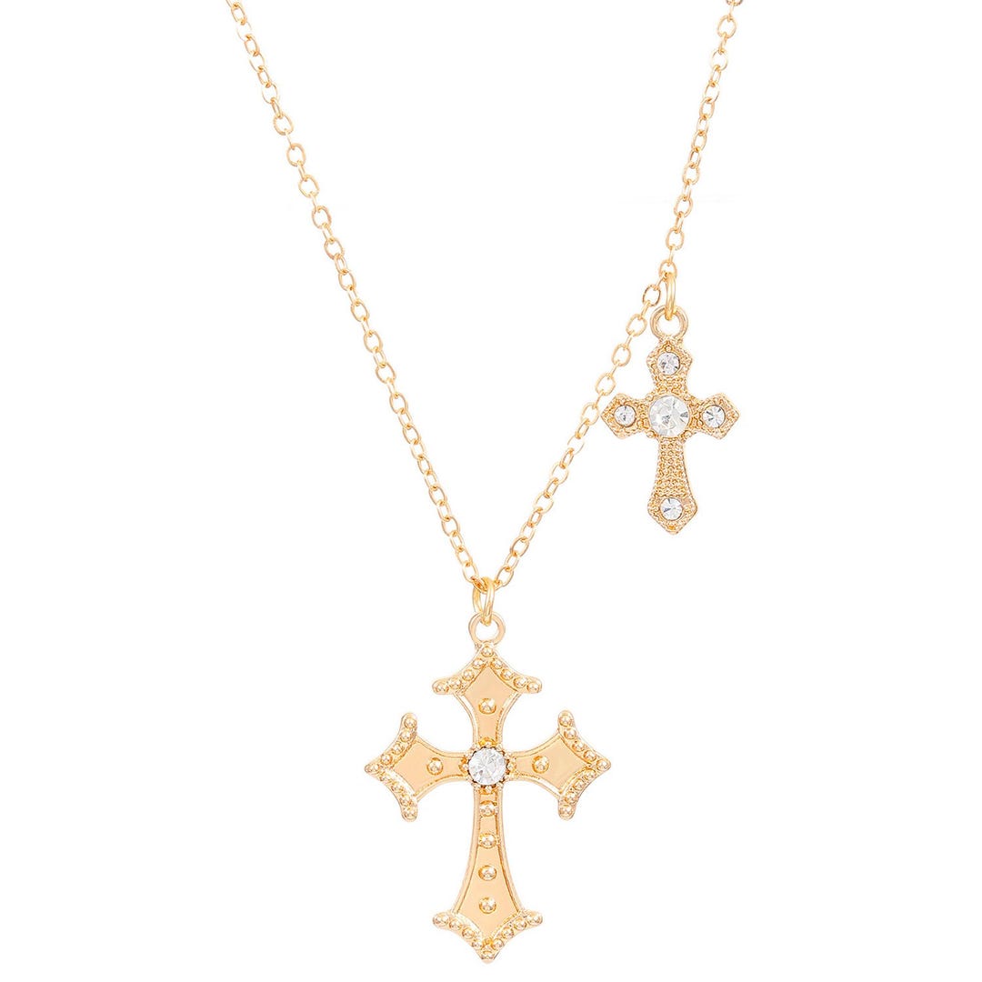 Vintage Gold Double Cross Pendant Necklace, Gothic Crystal Charm Chain ...