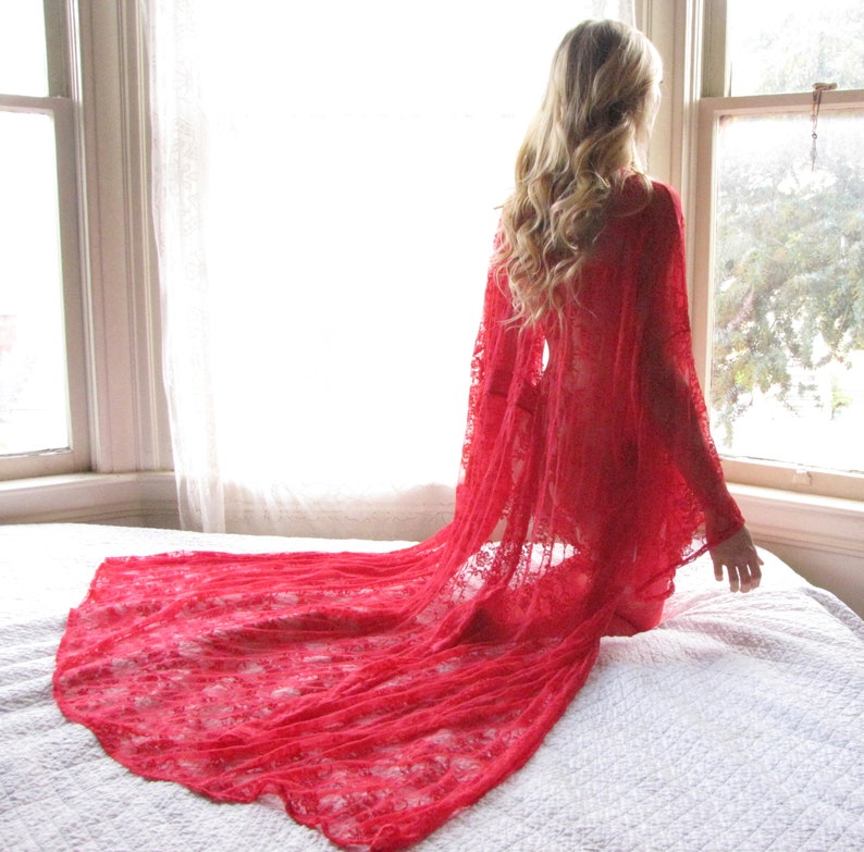 See Through Kimono Robe Red Lace Kimonos Long Sleeve Sheer Etsy