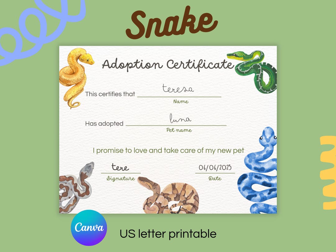Snake Adoption Certificate Printable for Kids Editable Text Canva ...