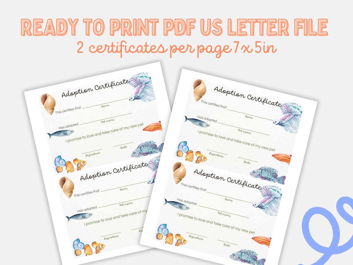 Pet Fish Adoption Certificate Printable – Ocean-themed Kids Activity ...