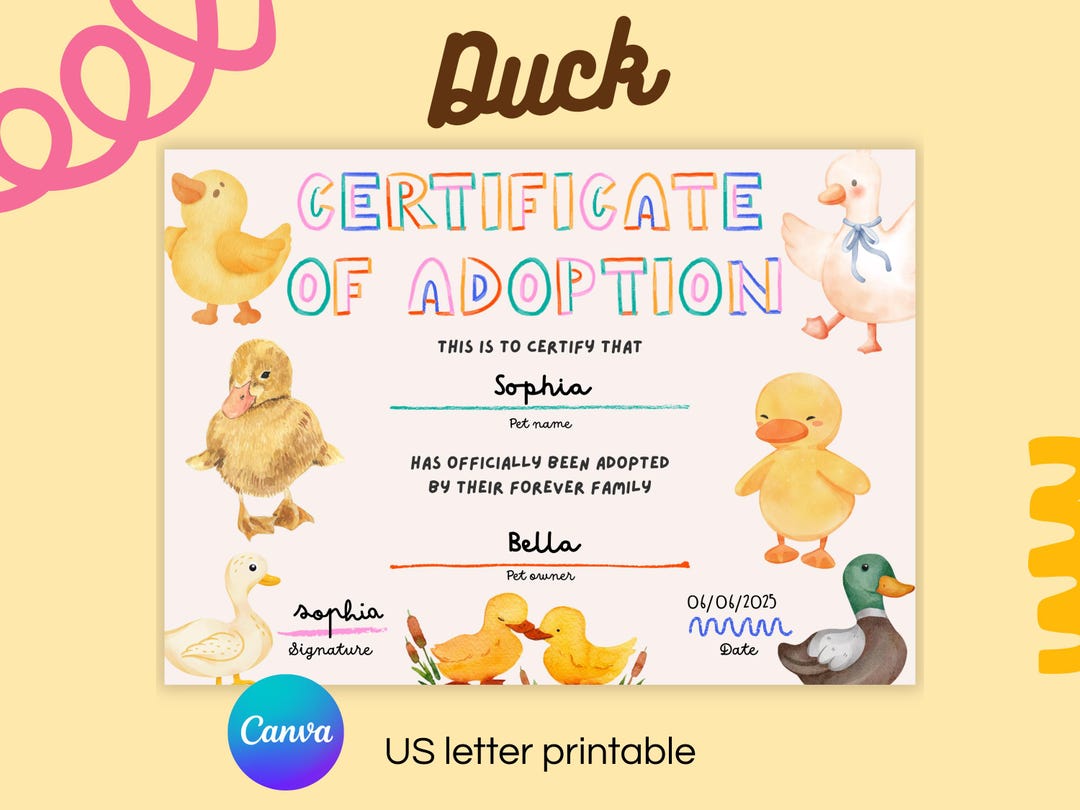 Duck Adoption Certificate Printable for Kids Editable Text Canva ...