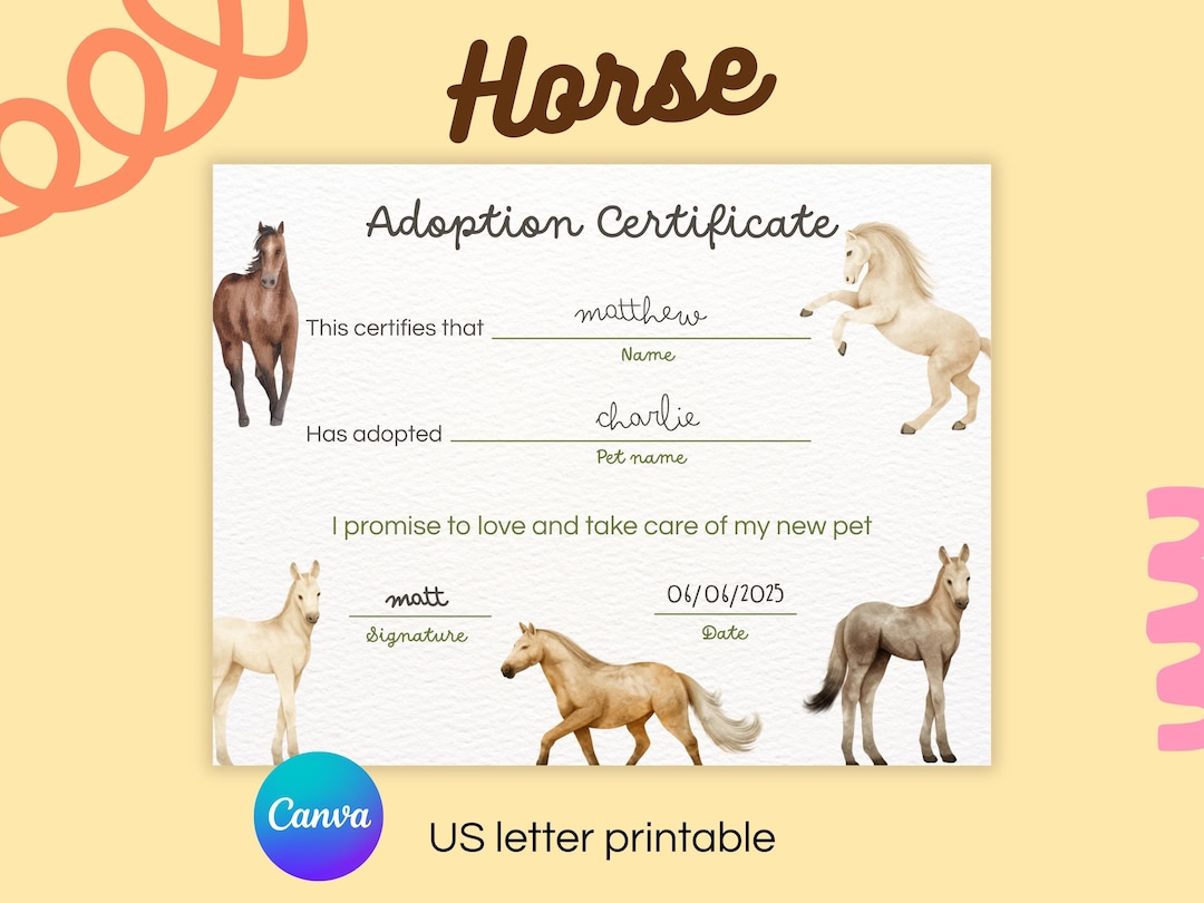 Horse Adoption Certificate Printable Editable Canva Template Kids Pony ...