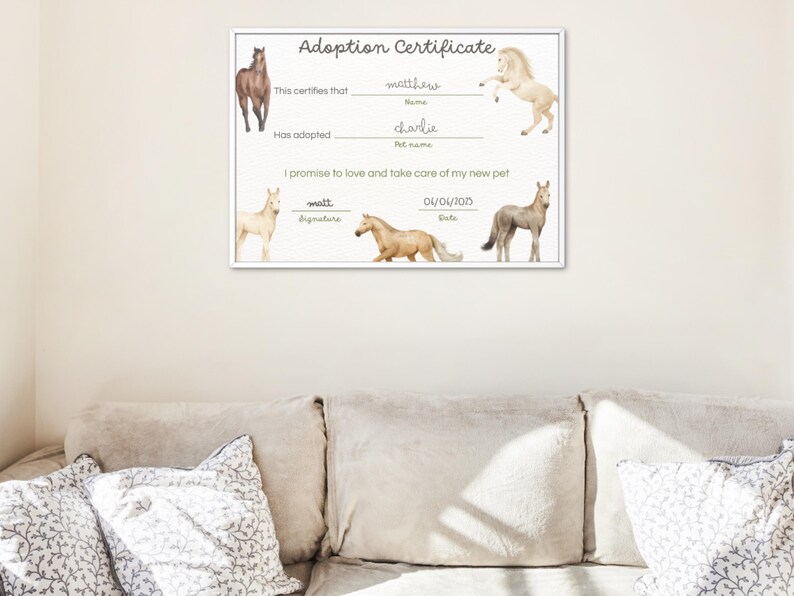 Horse Adoption Certificate Printable Editable Canva Template Kids Pony ...