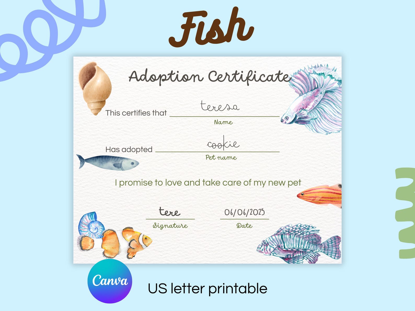 Pet Fish Adoption Certificate Printable – Ocean-themed Kids Activity ...