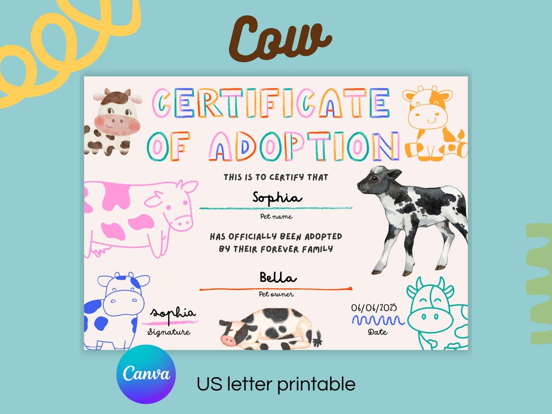 Cow Adoption Certificate Printable for Kids Editable Text Canva ...