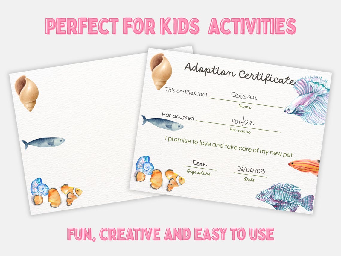 Pet Fish Adoption Certificate Printable – Ocean-themed Kids Activity ...