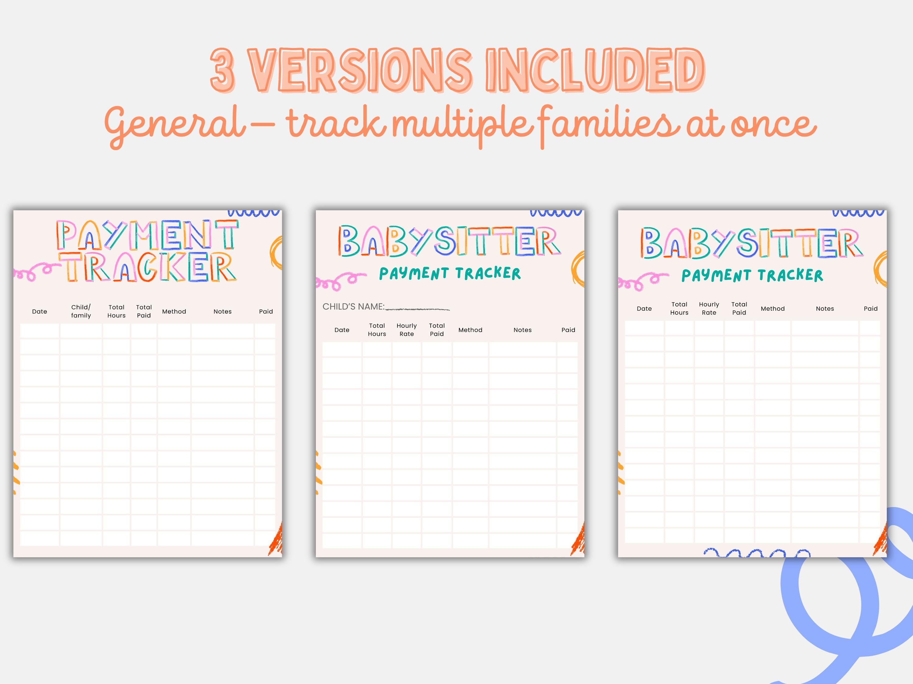 Babysitter Payment Tracker Printable Log Sheet Nanny Income Record ...