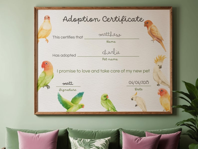 Watercolor Bird Adoption Certificate Printable, Kids Pretend Play ...