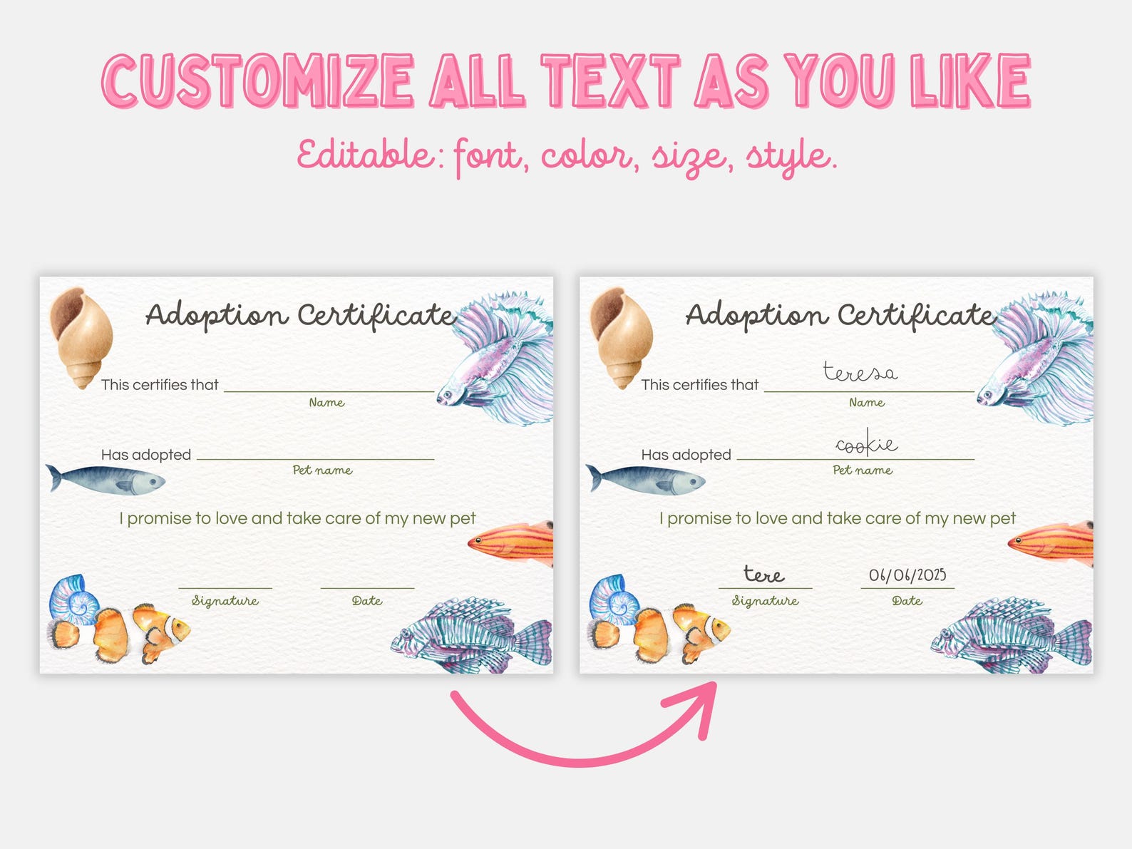 Pet Fish Adoption Certificate Printable – Ocean-themed Kids Activity ...