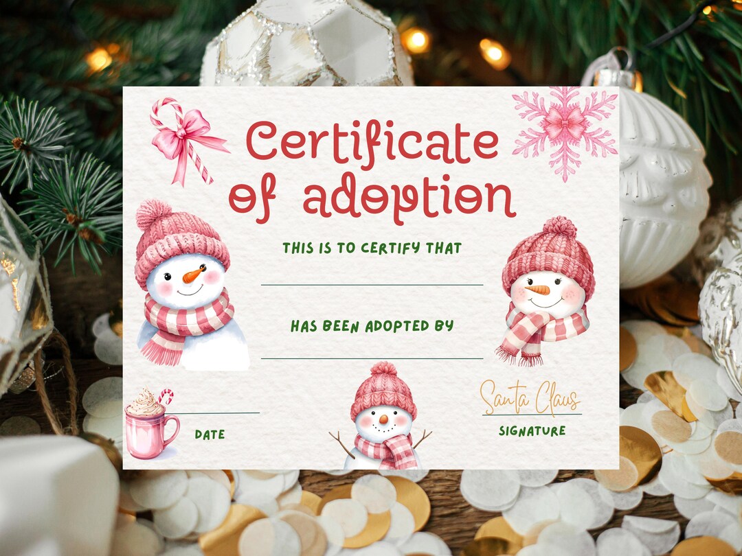 Pink Snowman Adoption Certificate, Christmas Keepsake (PDF & PNG) - Etsy