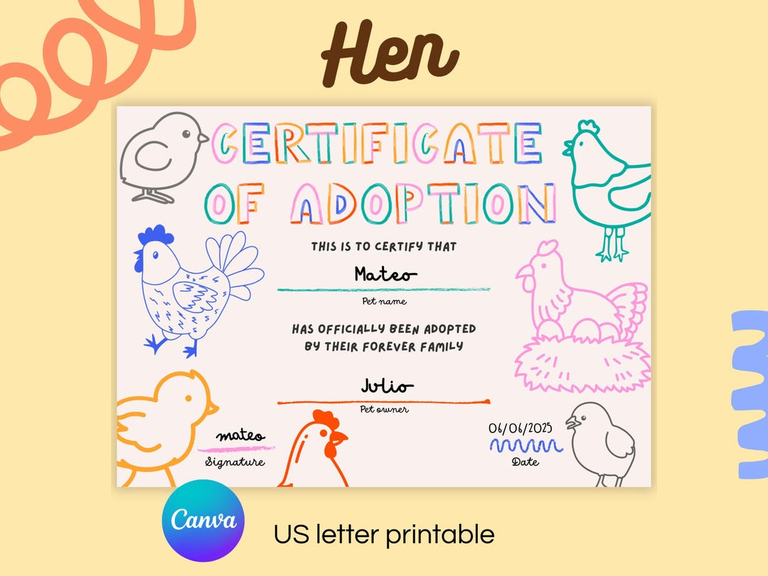 Chicken Adoption Certificate Printable for Kids Farm Animal Adoption ...
