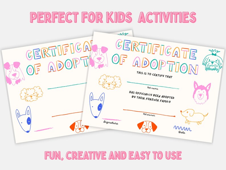 Dog Adoption Certificate Printable: Kids Pretend Play Award (digital ...