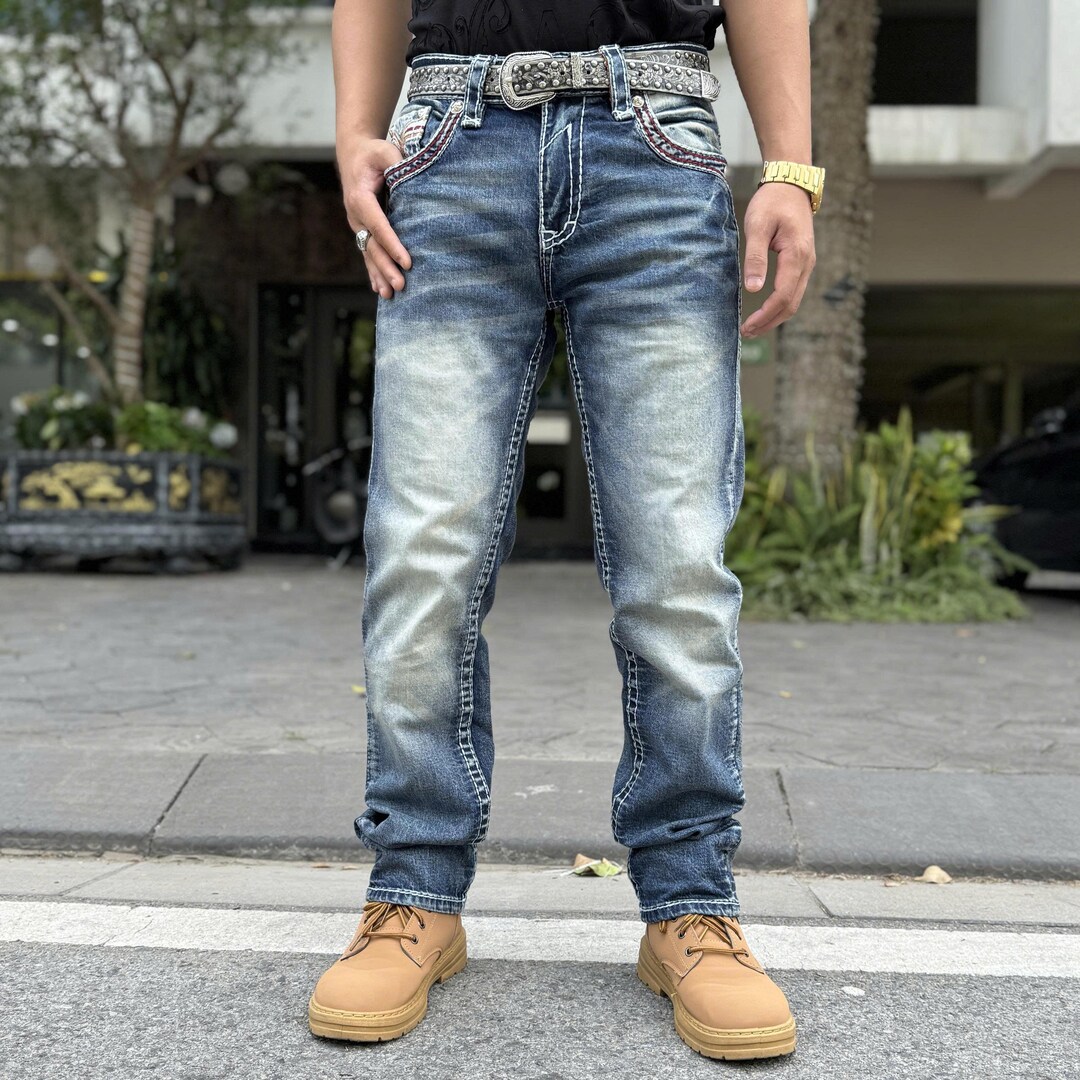 Hand Embroidered Jeans, Upcycled Denim, Red Thread Design - Etsy