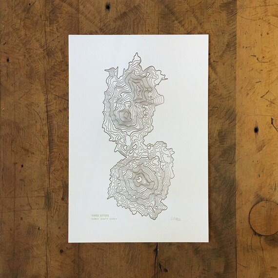 Three Sisters Topographic Map Letterpress Print 12 X - Etsy
