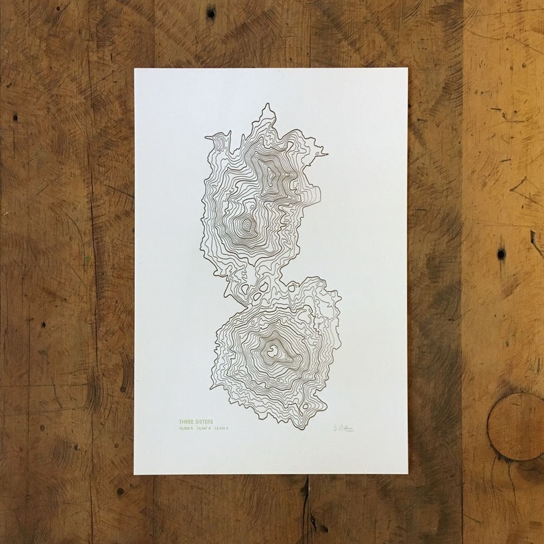 Three Sisters Topographic Map Letterpress Print - 12" X 18" - Etsy ...