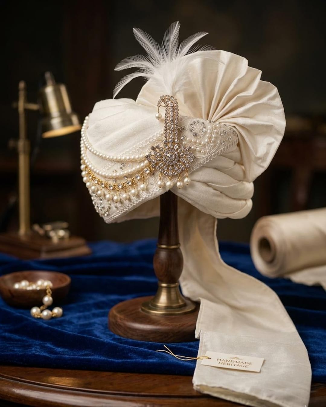 Off-white Groom Turban With Pearl & Crystal Kalgi – Royal Indian ...