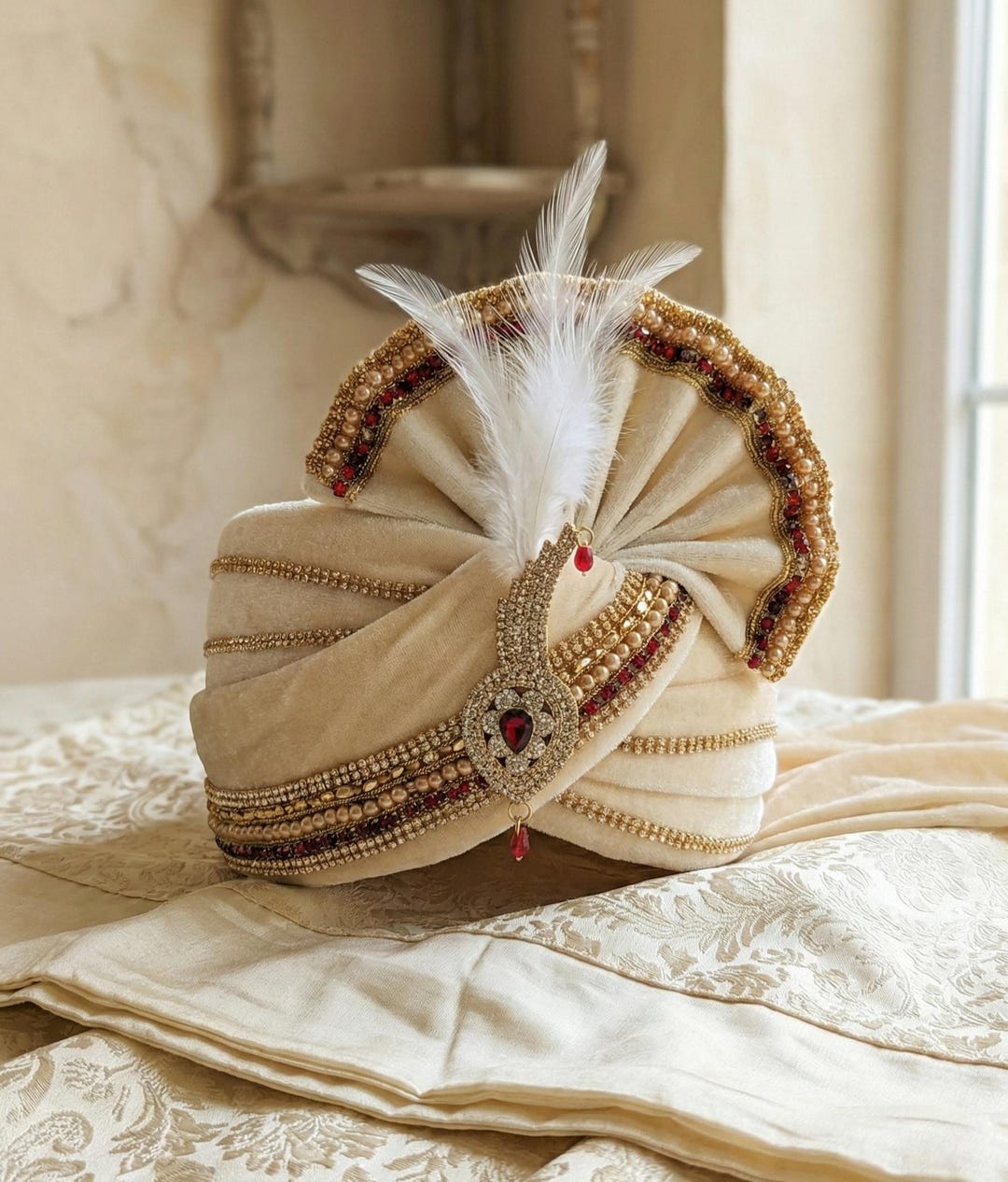 Royal Cream Velvet Turban | Indian Wedding Groom Pagdi With 50cm Tail ...