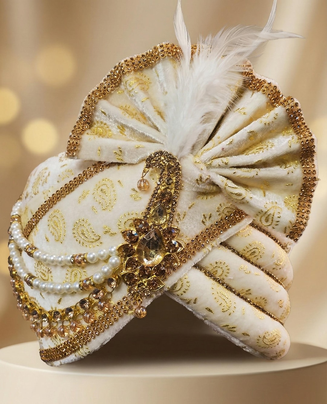 Ivory & Gold Royal Wedding Safa for Groom | Handcrafted Pearl, Stone ...