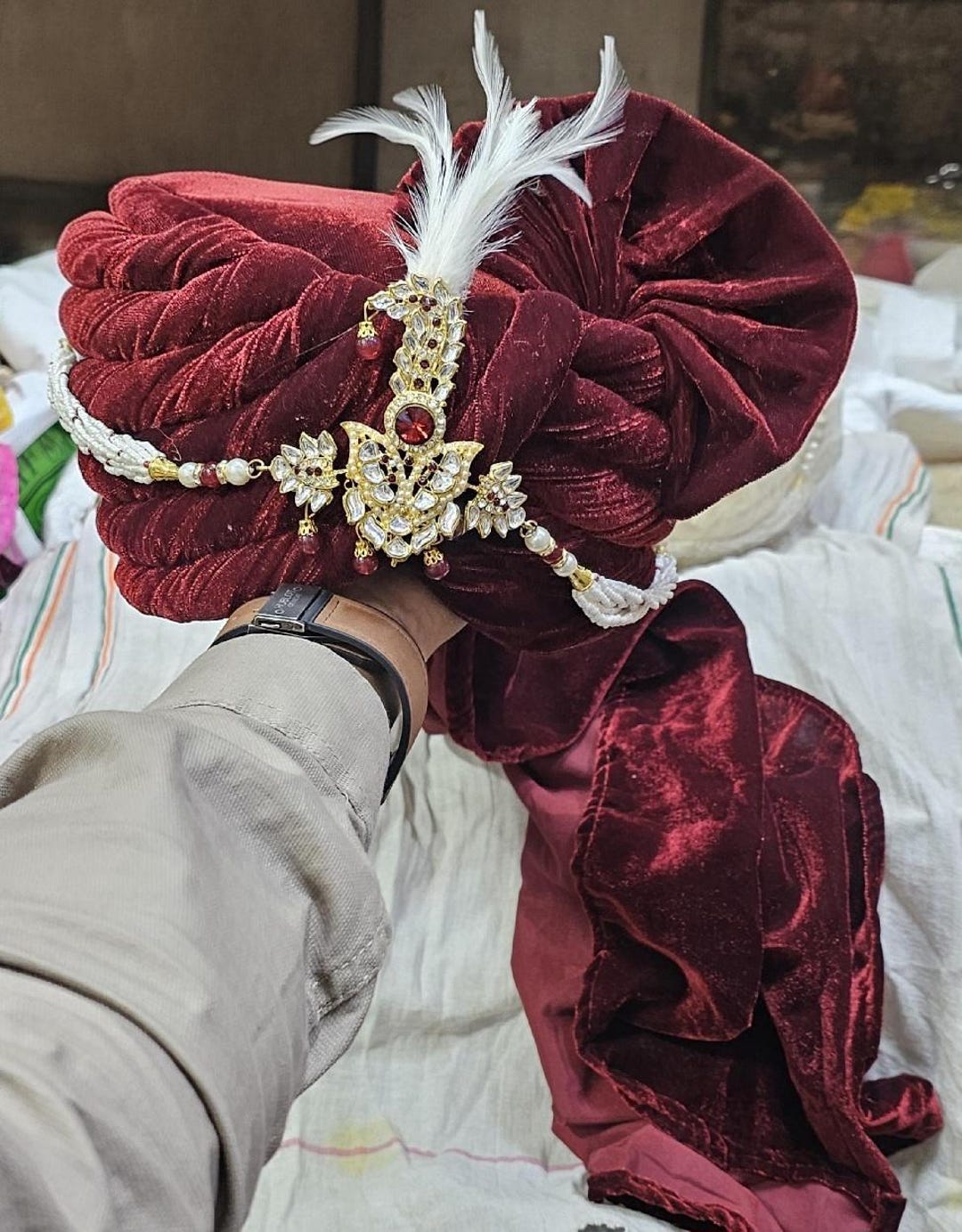 Handcrafted Maroon Silk Groom Turban: Crystal Sarpech & Feather - Etsy