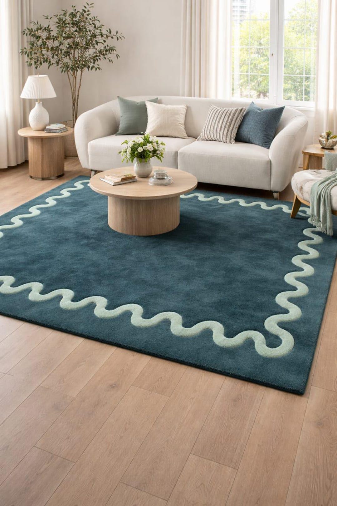 Hand Tufted Blue Wave Border Rug, Modern Abstract Area Rug, Coastal ...