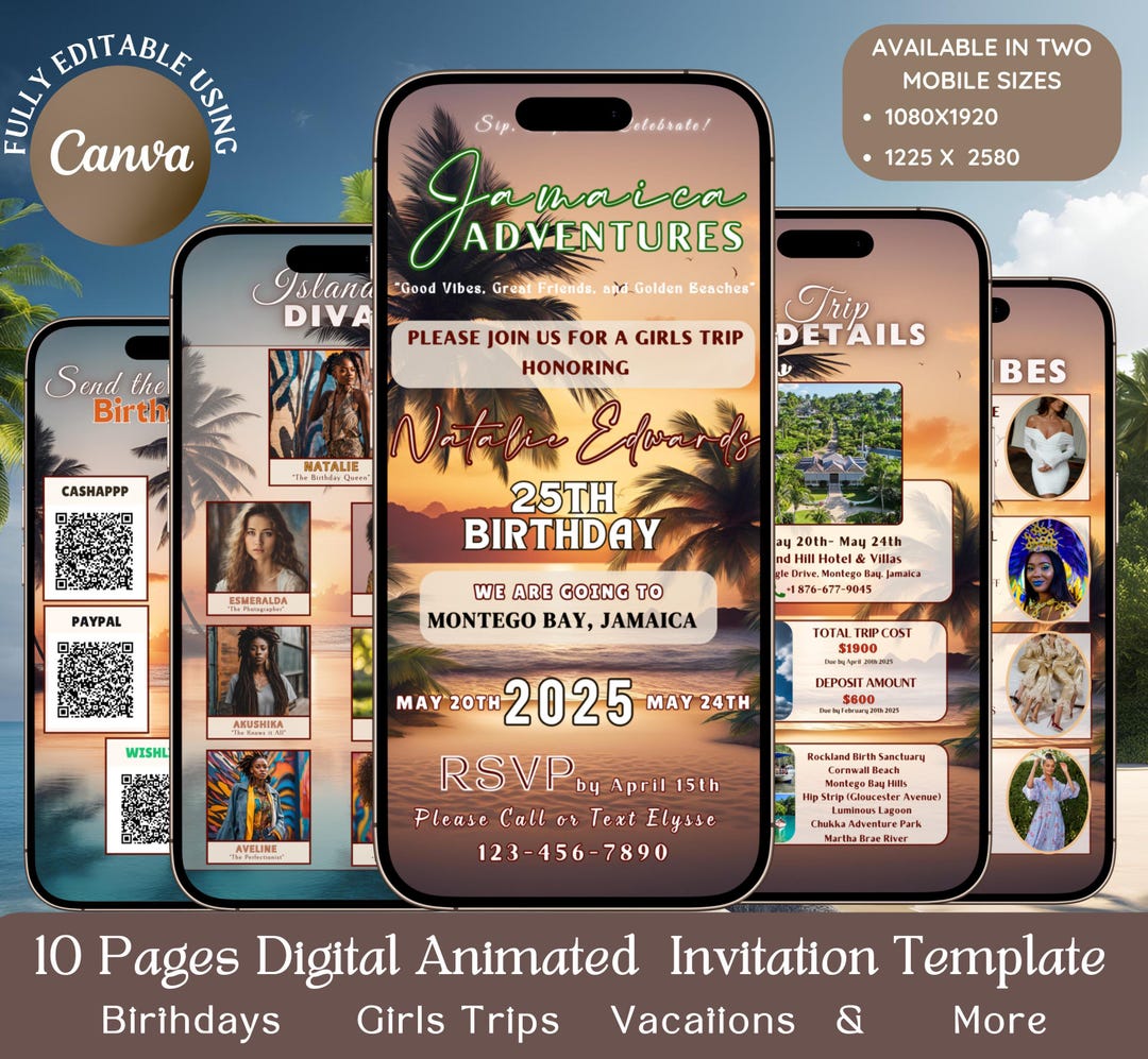 Digital Animated Girls Trip Itinerary Template, Jamaica Birthday ...
