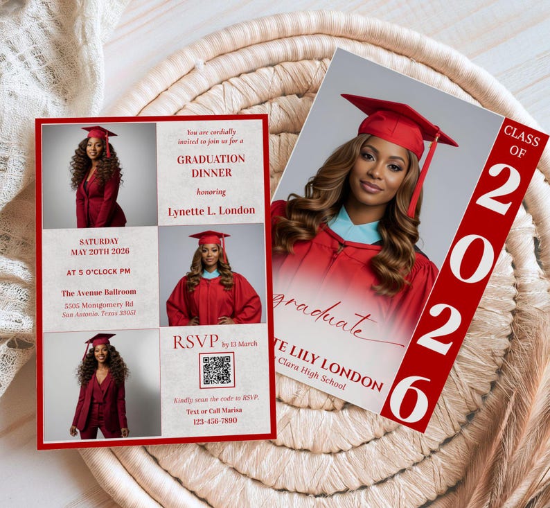 Red Graduation Invitation, Editable Class of 2026 Grad Announcement ...