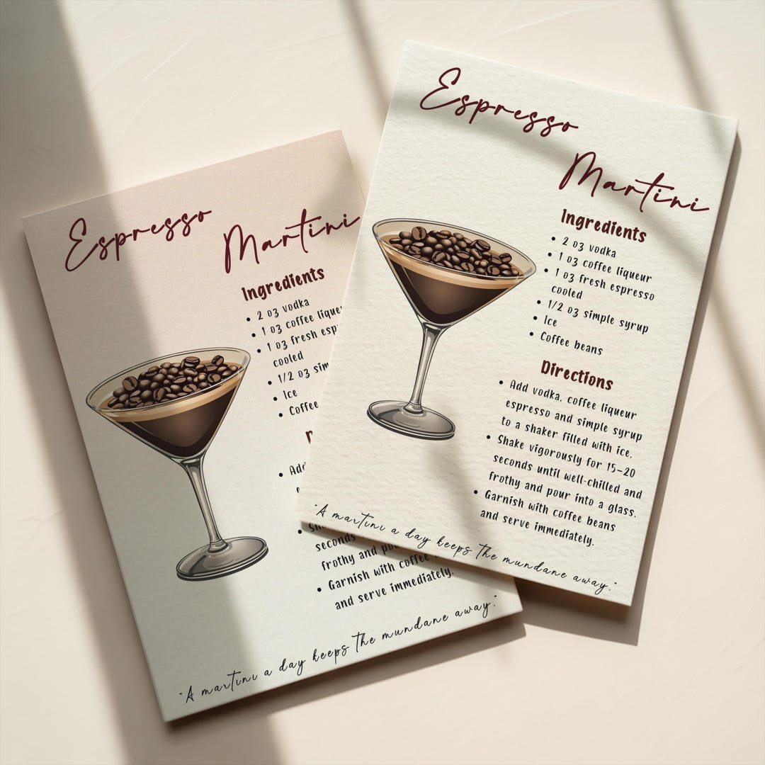 Espresso Martini Cocktail Recipe Card, Printable Espresso Martini Card ...
