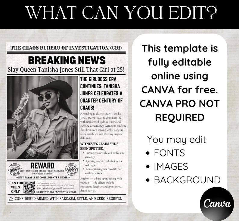 Wanted Poster Template, Editable Vintage Newspaper Birthday Sign ...