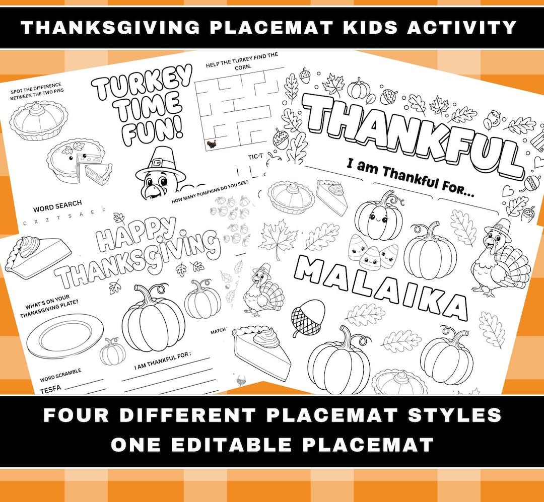 Printable Thanksgiving Placemat Kids Activity Bundle: Editable Fall ...