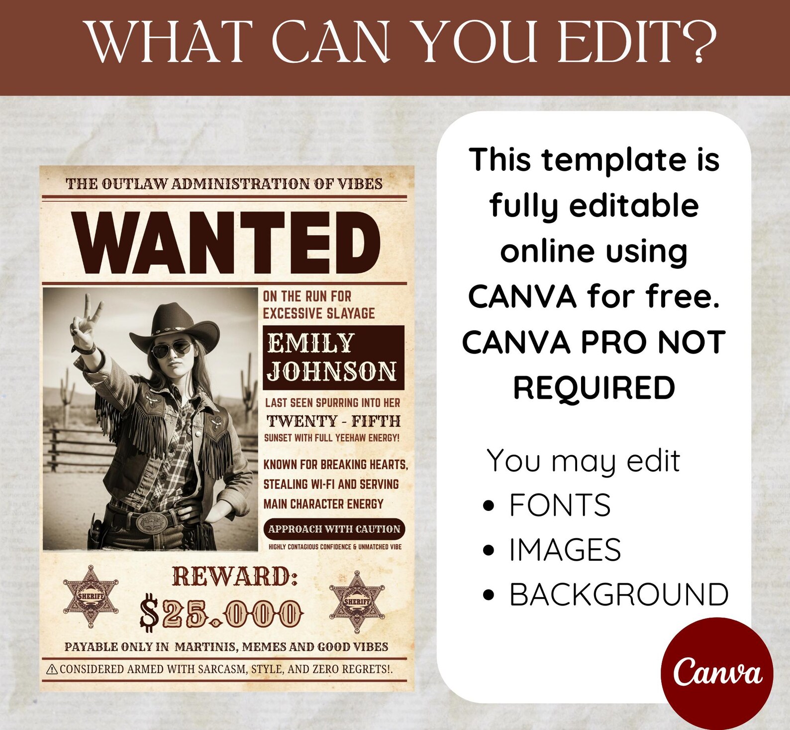 Editable Wanted Poster Template, Wild West Cowgirl Party Photo Prop ...