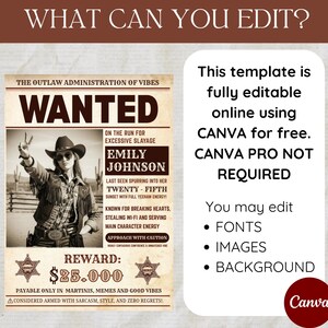 Editable Wanted Poster Template, Wild West Cowgirl Party Photo Prop ...