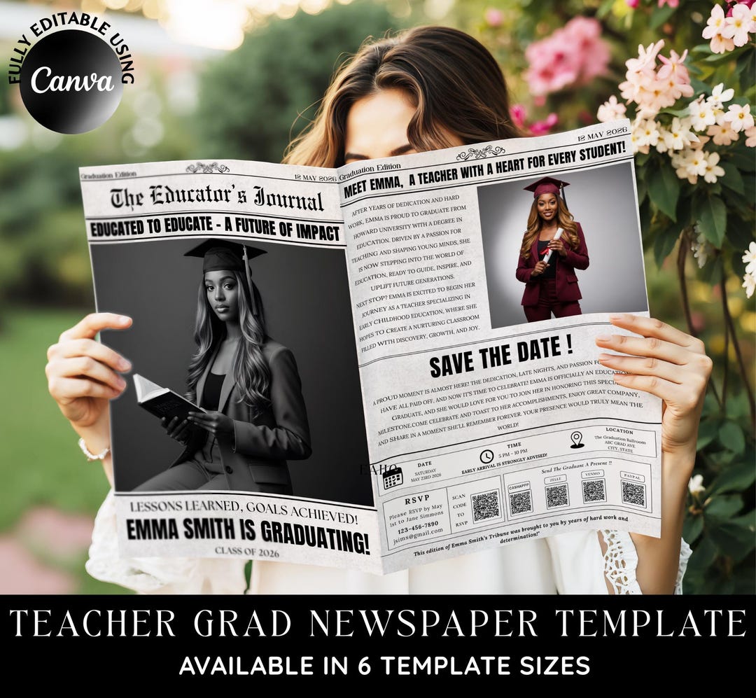 Teacher Newspaper Graduation Announcement, Editable Educator Grad ...