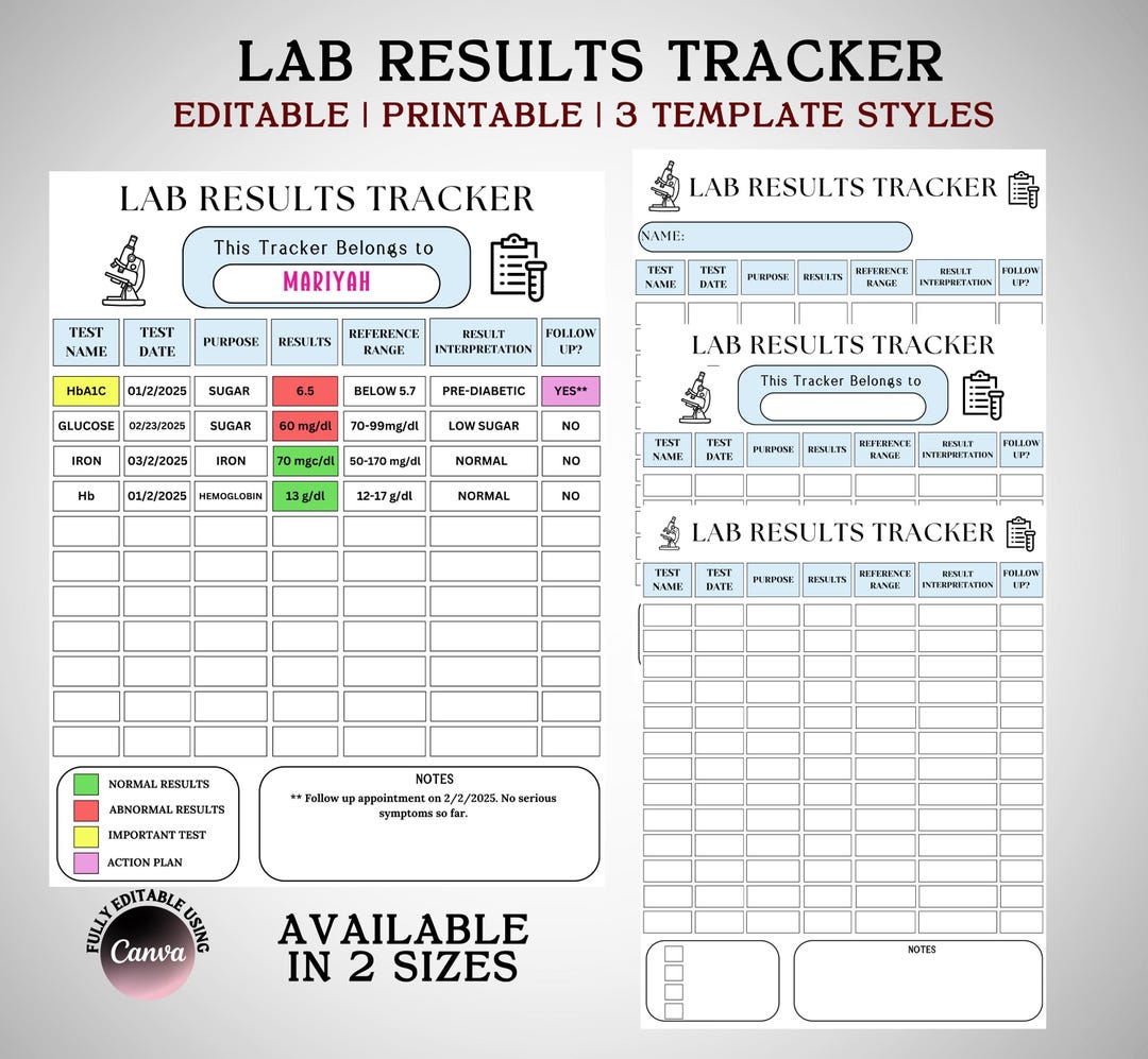 Printable Lab Results Tracker, Editable Medical Test Sheet (instant ...