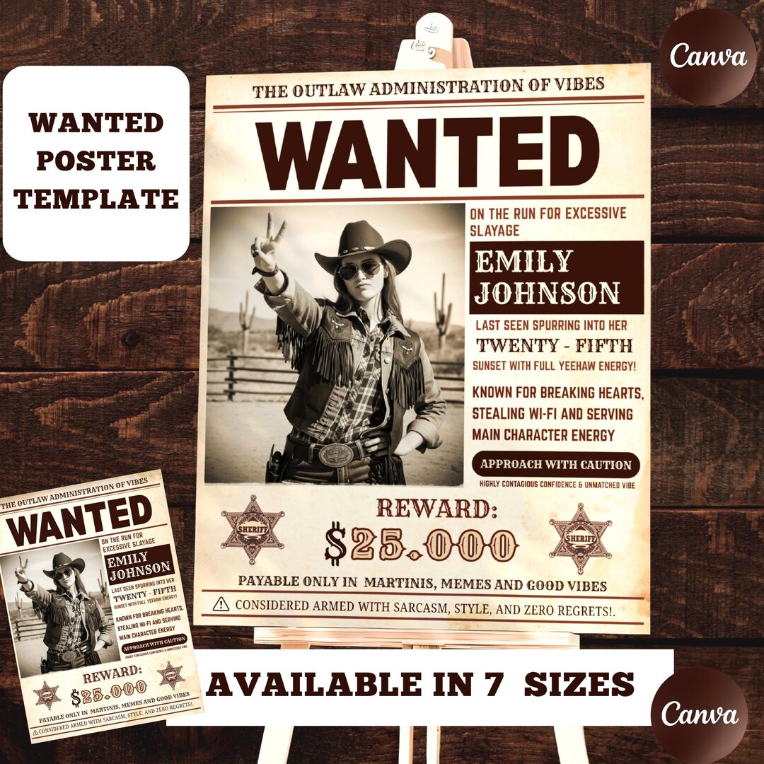 Editable Wanted Poster Template, Wild West Cowgirl Party Photo Prop ...