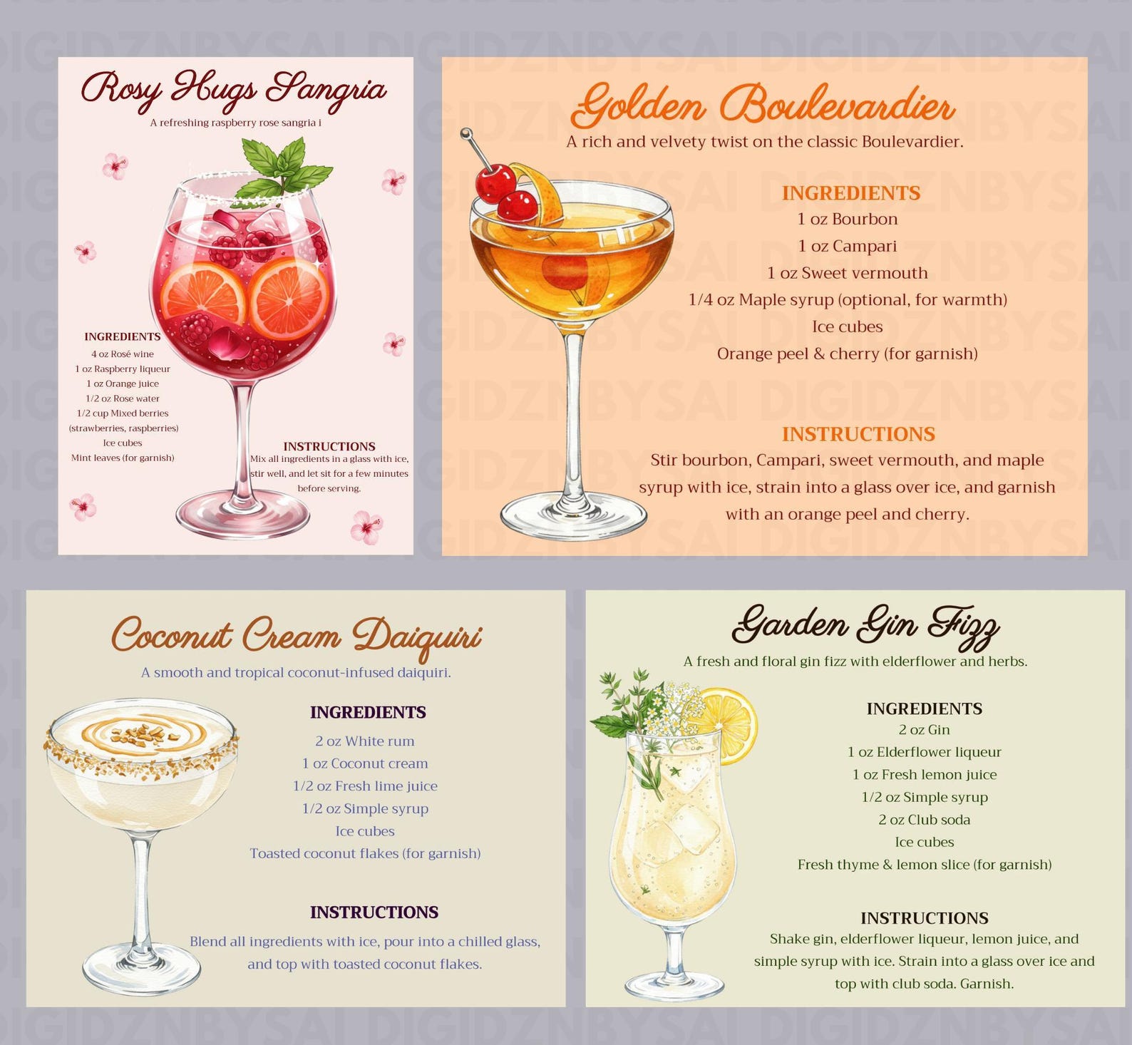 Editable Cocktail Recipe Card Template: Watercolor Illustrations ...