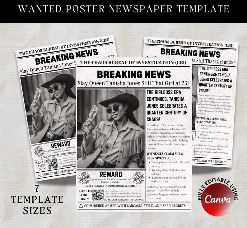 Wanted Poster Template, Editable Vintage Newspaper Birthday Sign ...