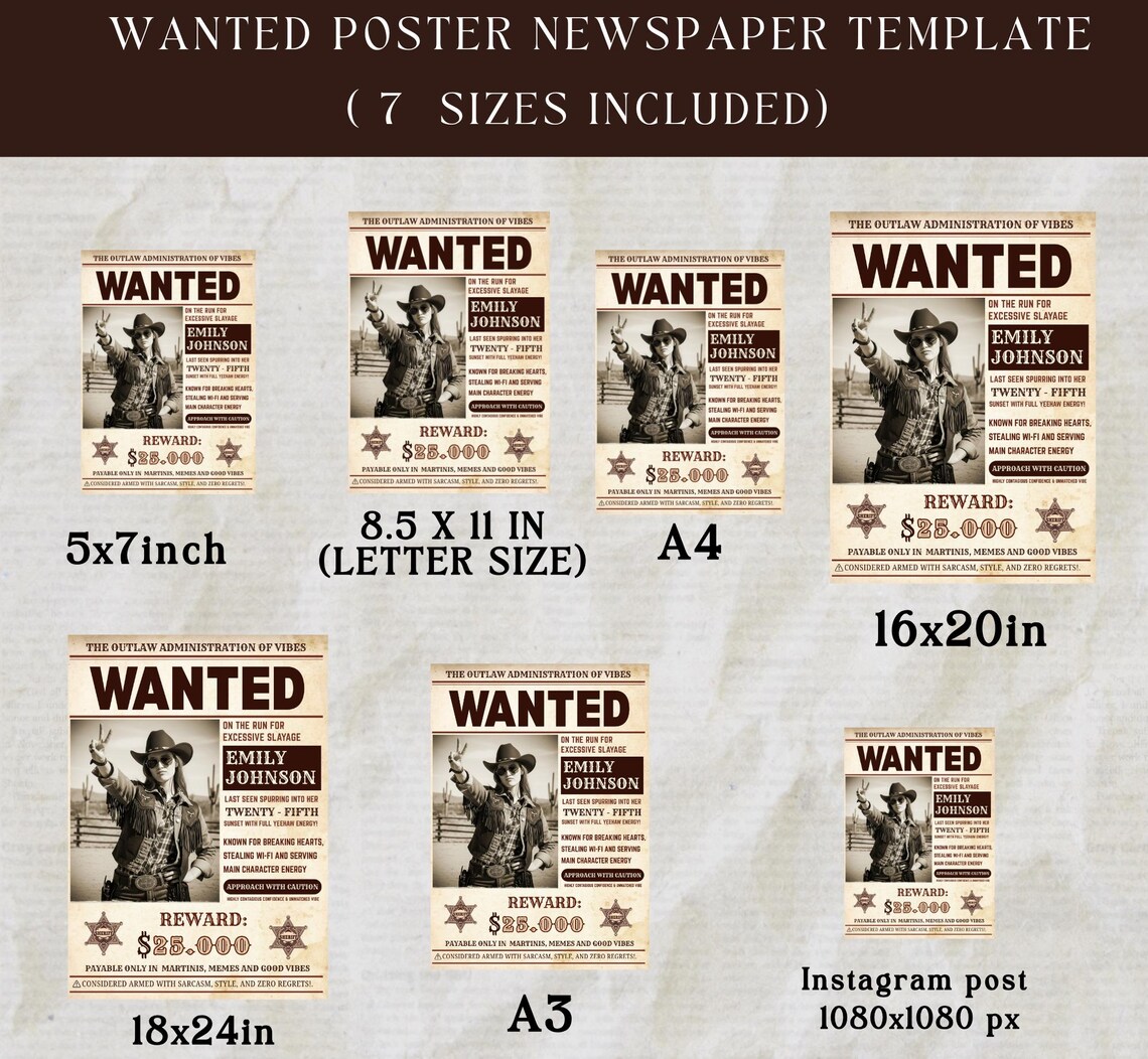 Editable Wanted Poster Template, Wild West Cowgirl Party Photo Prop ...