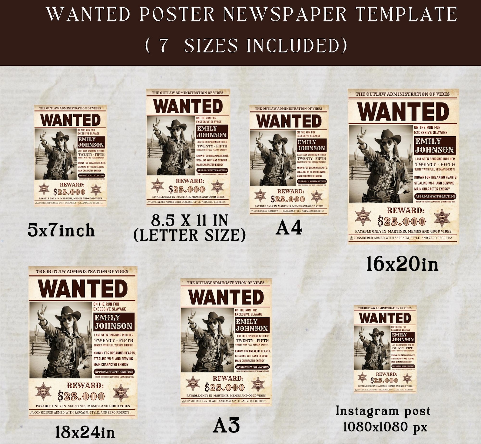 Editable Wanted Poster Template, Wild West Cowgirl Party Photo Prop ...