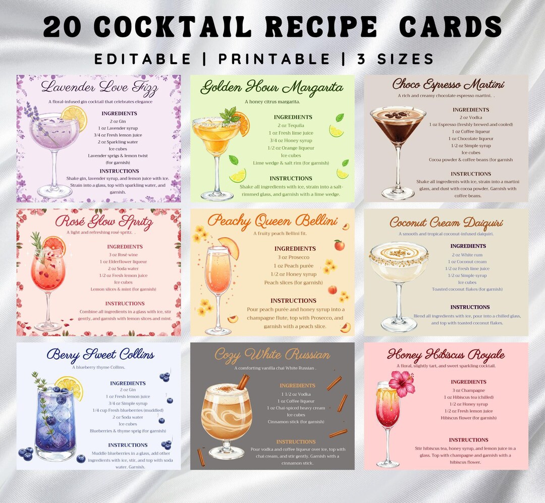 Editable Cocktail Recipe Card Template: Watercolor Illustrations ...