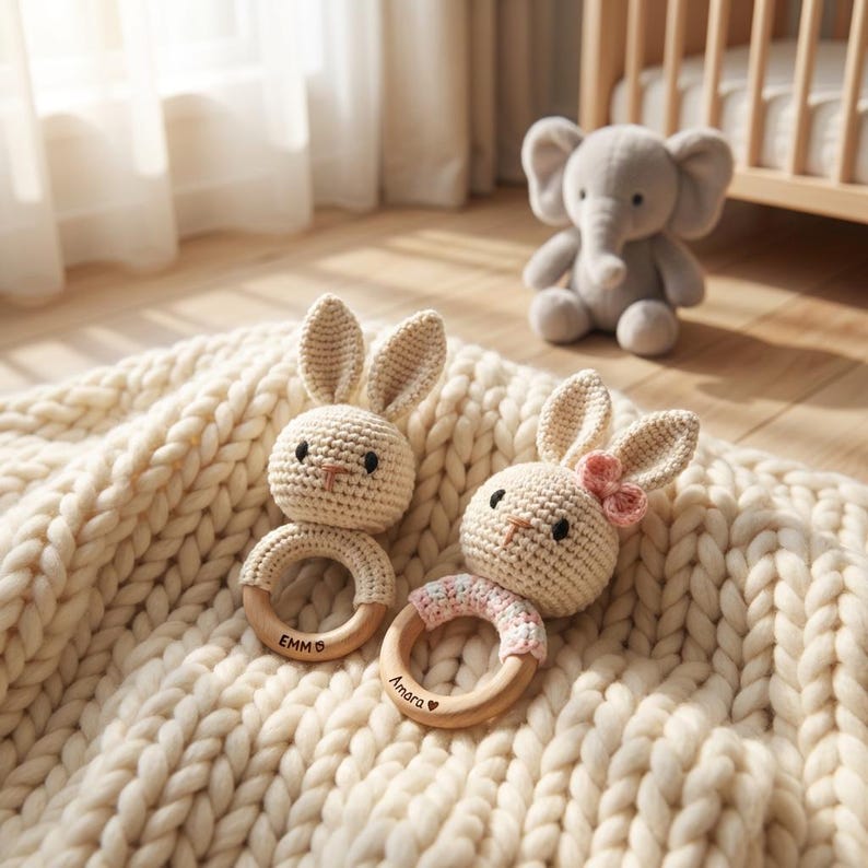 Personalized Animal Crochet Rattle,custom Wooden Baby Rattle, Engraved ...