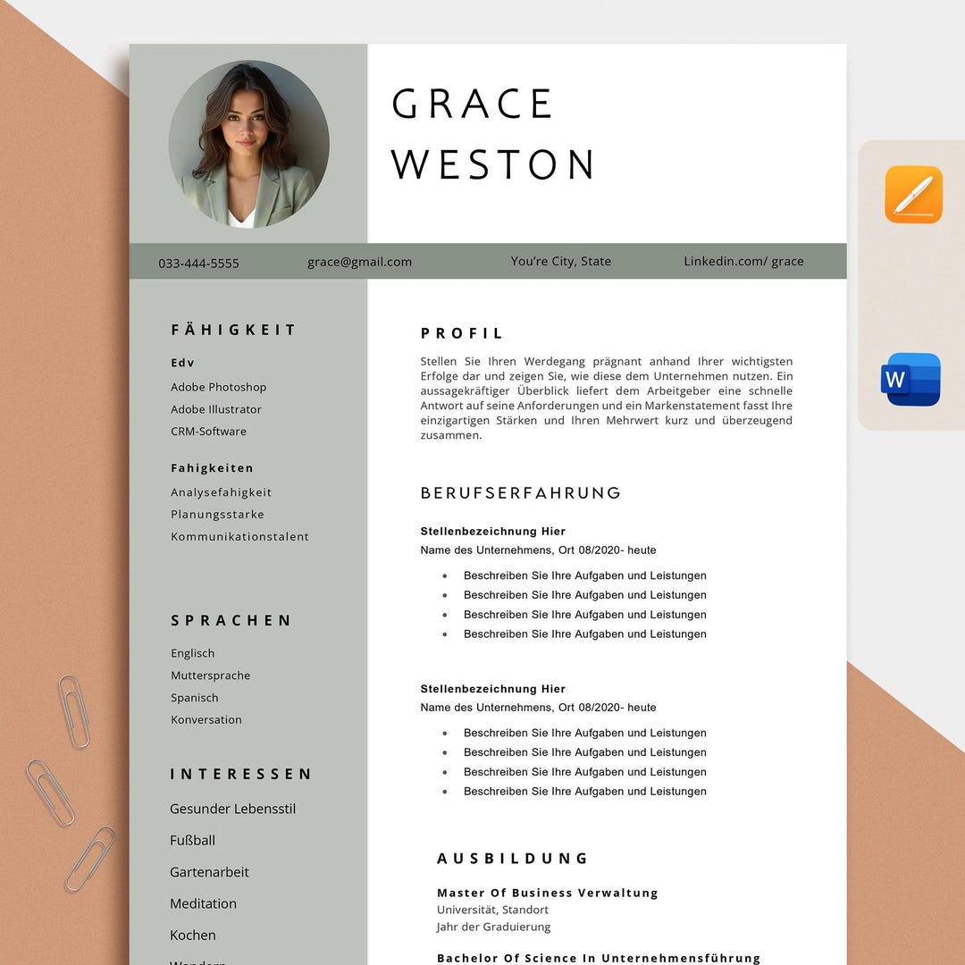 German Resume Template for Word, Google Docs, Pages (digital Download ...