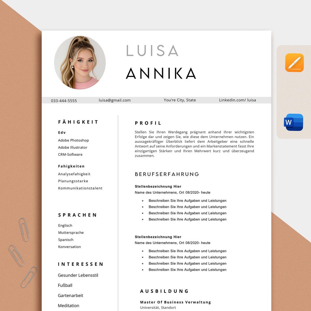 ATS Optimized German Resume Template | Lebenslauf Deutsch | Corporate ...
