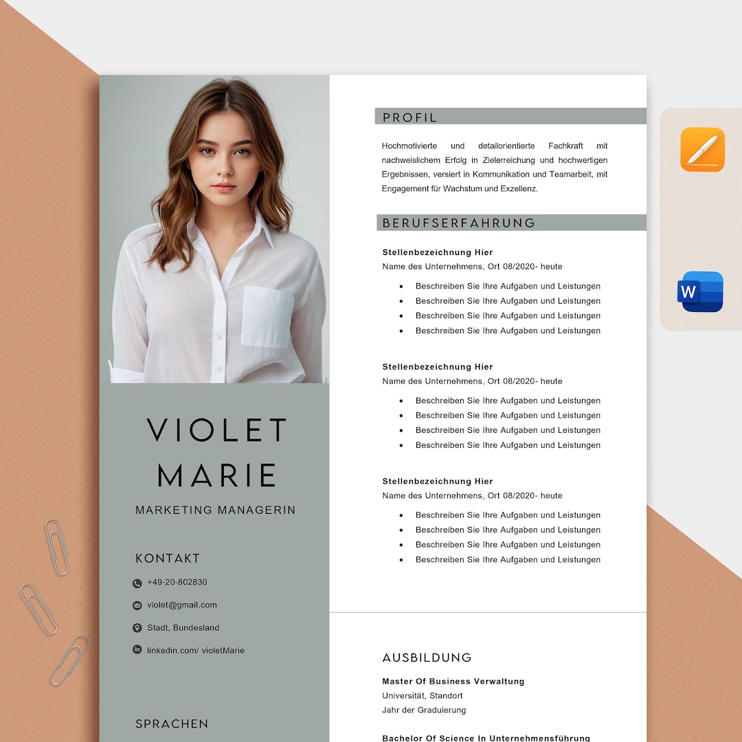 German Resume Template, Minimalist CV, Cover Letter (digital Download ...