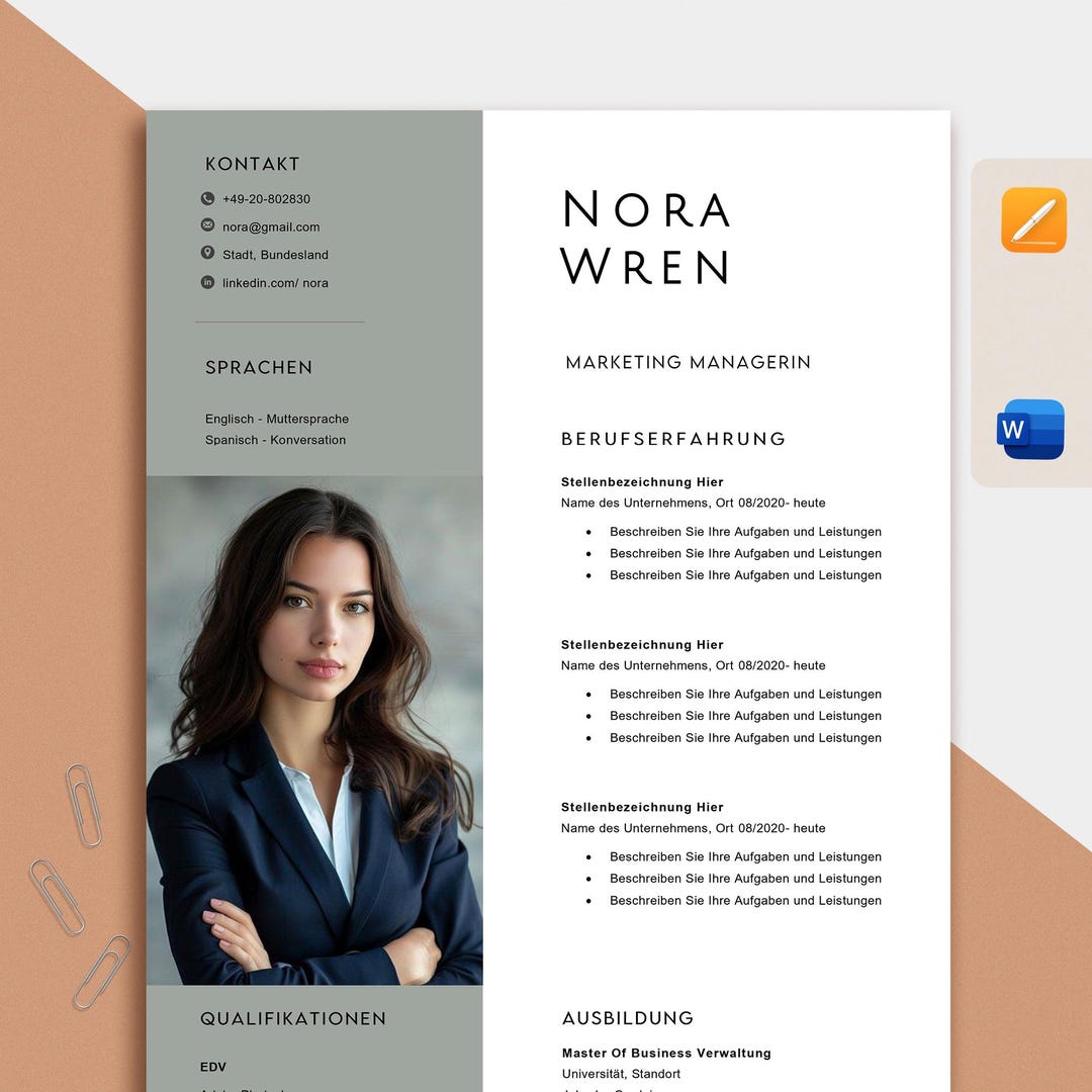 German Resume Template 2025, Cover Letter, Word, Google Docs, Mac Pages ...