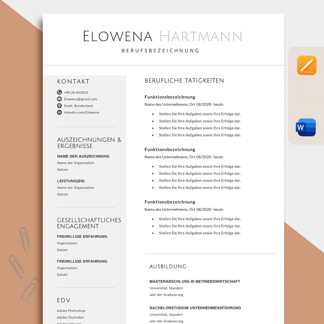 German Resume Template, Cover Letter, CV Template (digital Download) - Etsy